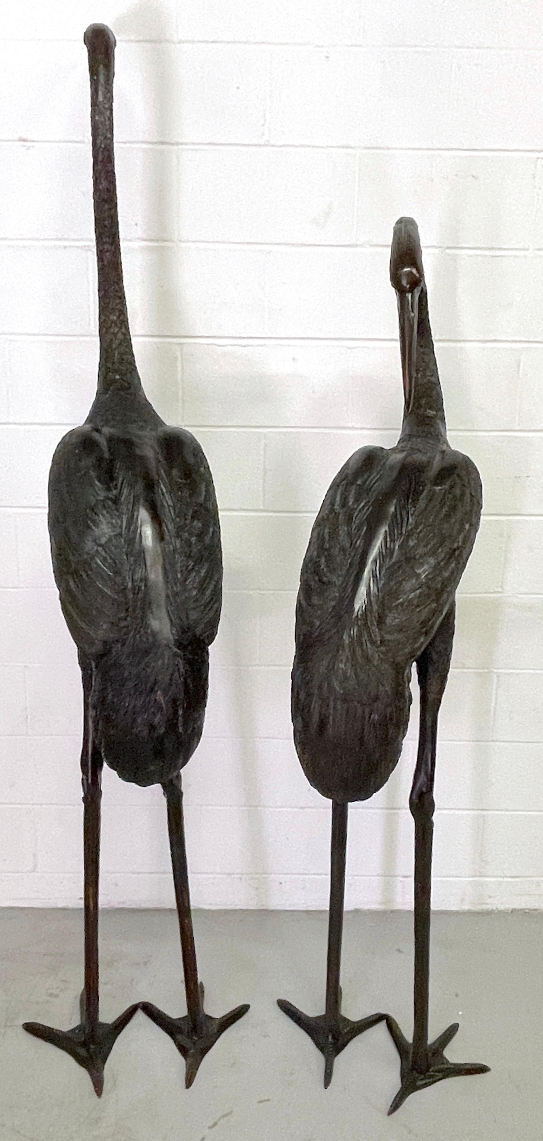 Pair of Monumental Cast and Patinated Bronze Figures of Standing Cranes ...