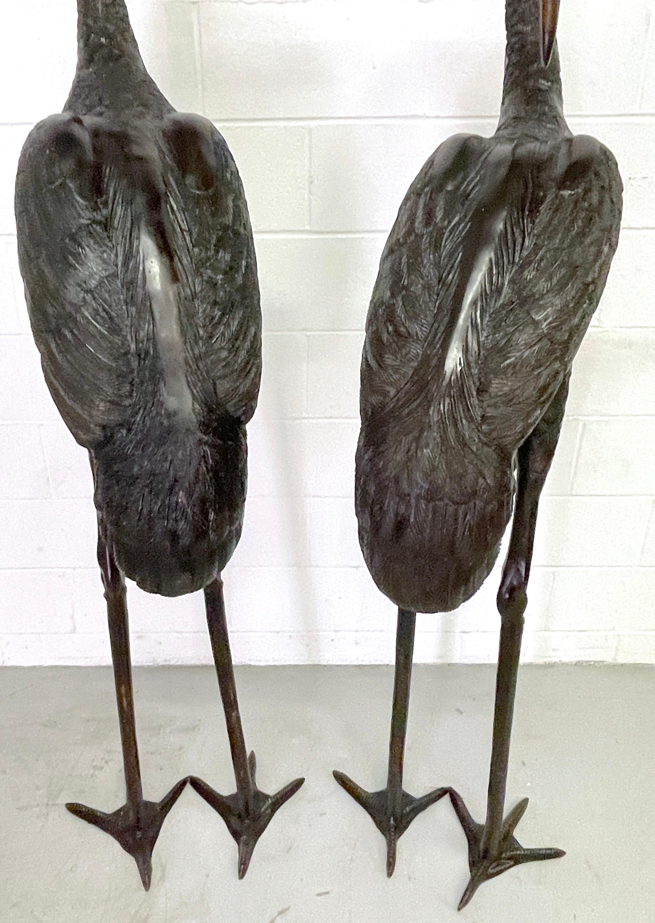 Pair of Monumental Cast and Patinated Bronze Figures of Standing Cranes ...