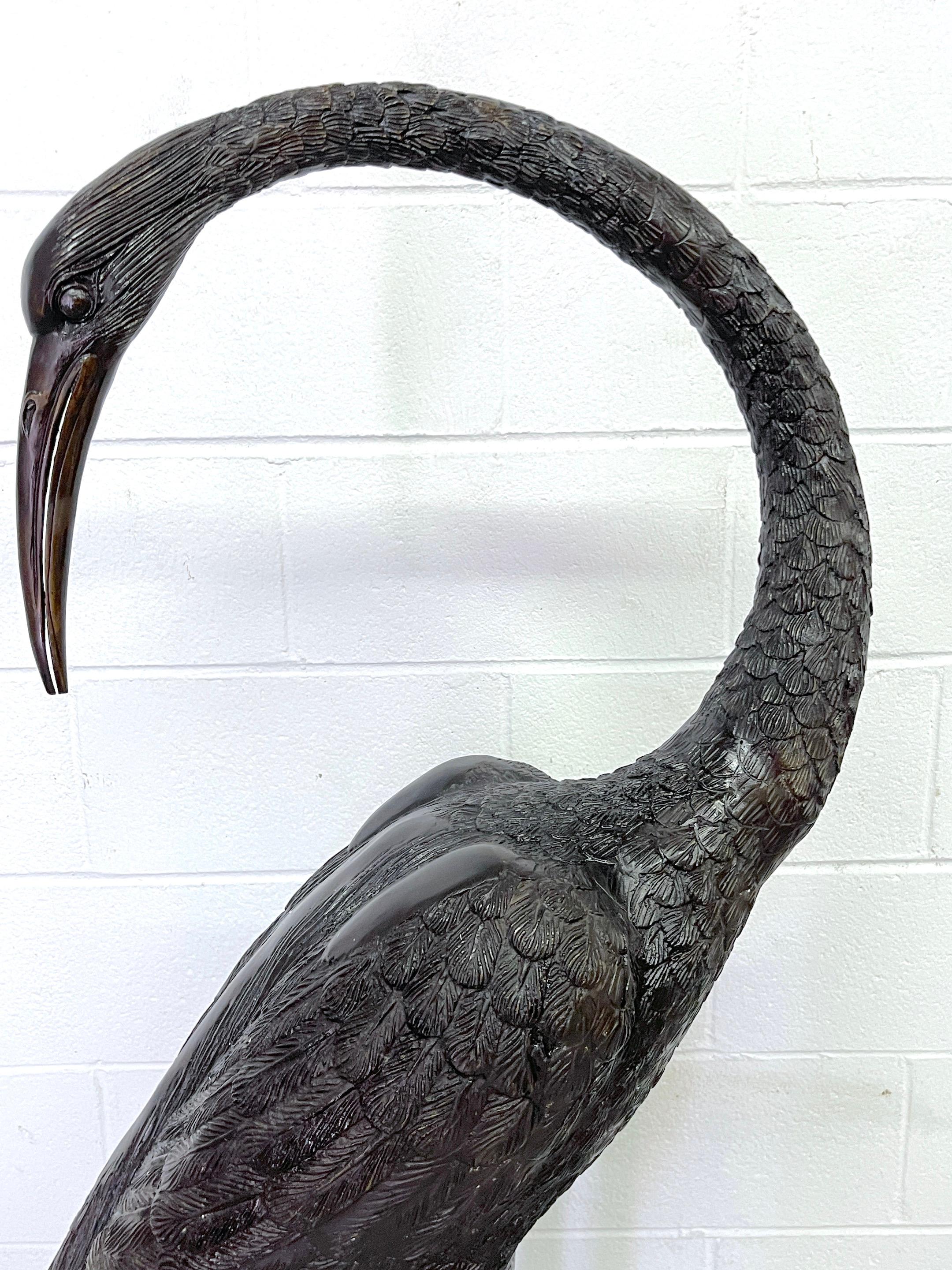 Pair of Monumental Cast and Patinated Bronze Figures of Standing Cranes ...