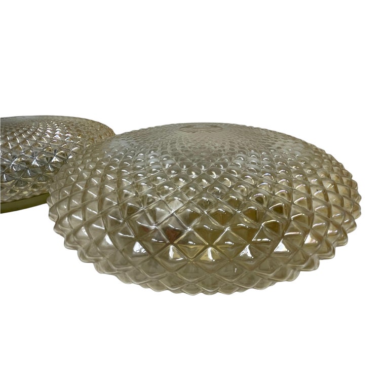 Pair of Monumental Crystal Pattern Glass Flush Mount Ceiling Lights ...