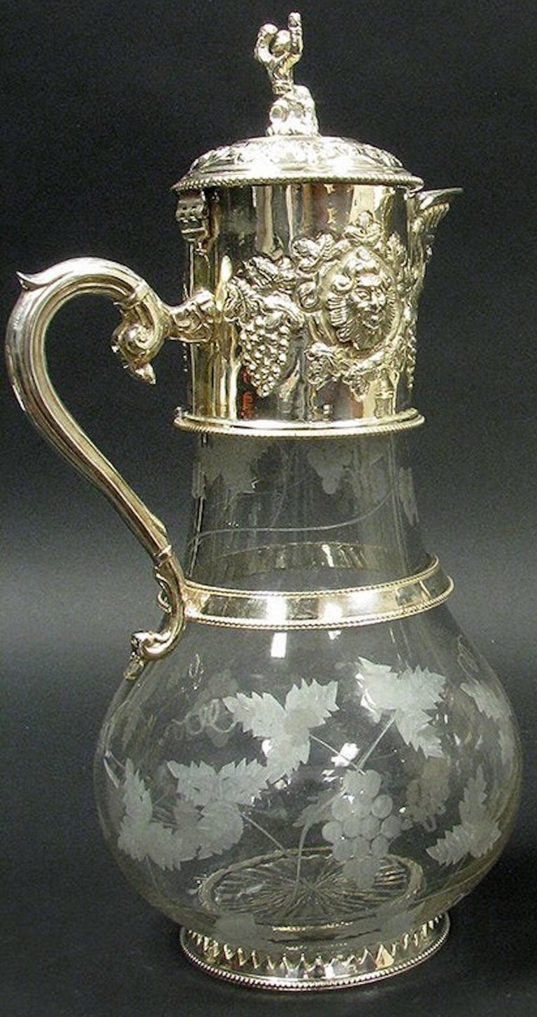 Pair of Monumental English Sliver Plated and Engraved Glass Claret Jugs ...