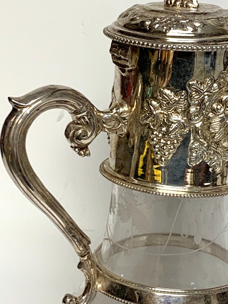Pair of Monumental English Sliver Plated and Engraved Glass Claret Jugs ...