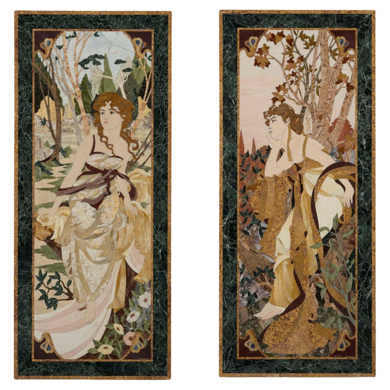 Pair of Monumental Marble Inlaid Panels Depicting the Times of Day by ...