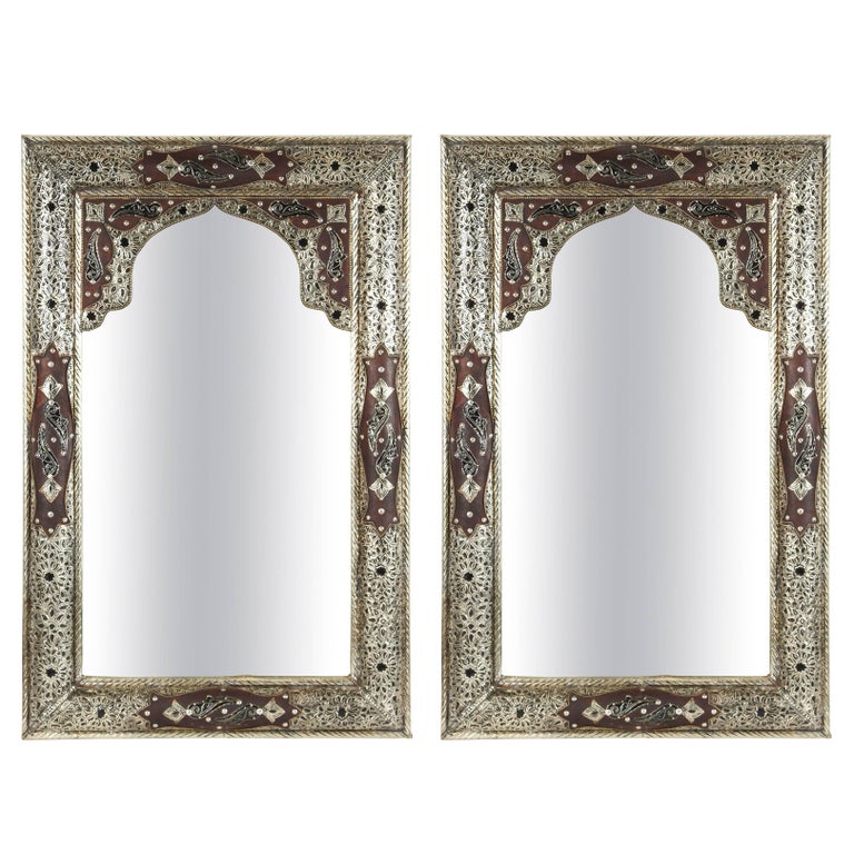 Pair of Moroccan Mirrors with Silvered Metal Filigree and Leather at ...