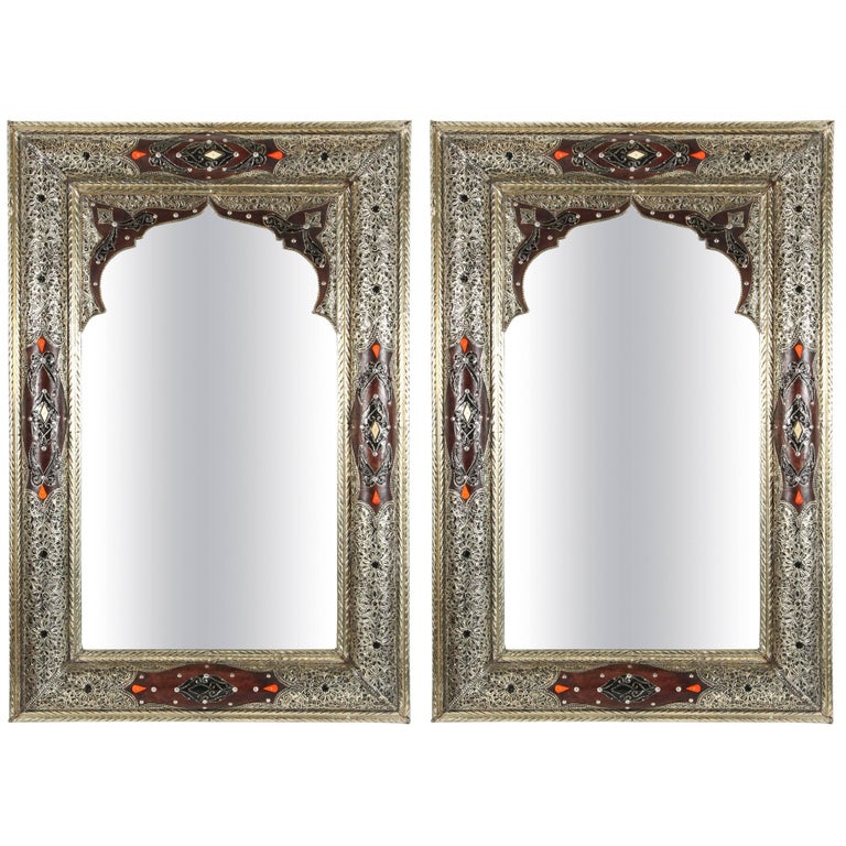 Pair of Moroccan Mirrors with Silvered Metal and Leather Wrapped at 1stDibs