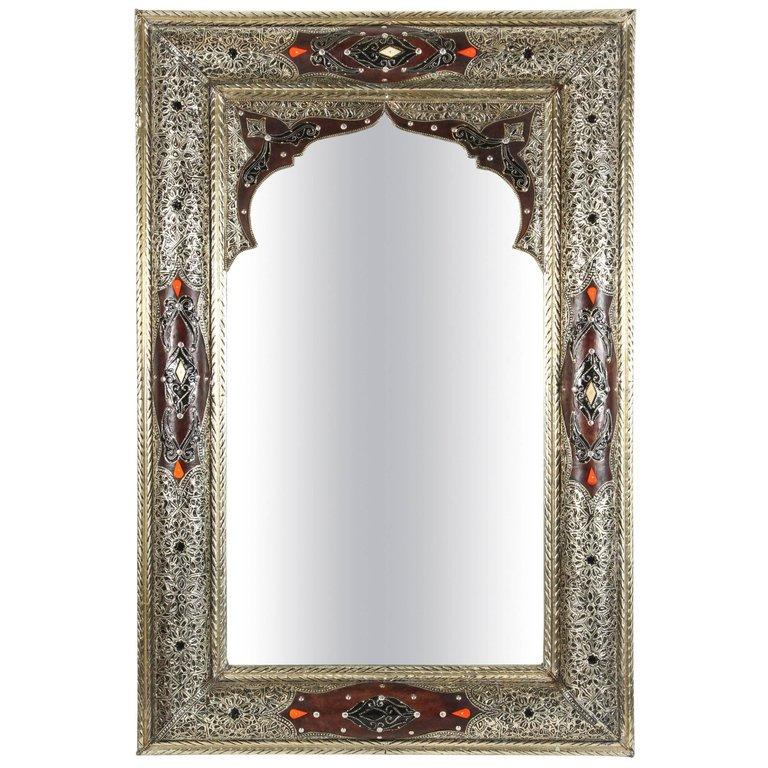 Pair of Moroccan Mirrors with Silvered Metal and Leather Wrapped at 1stDibs