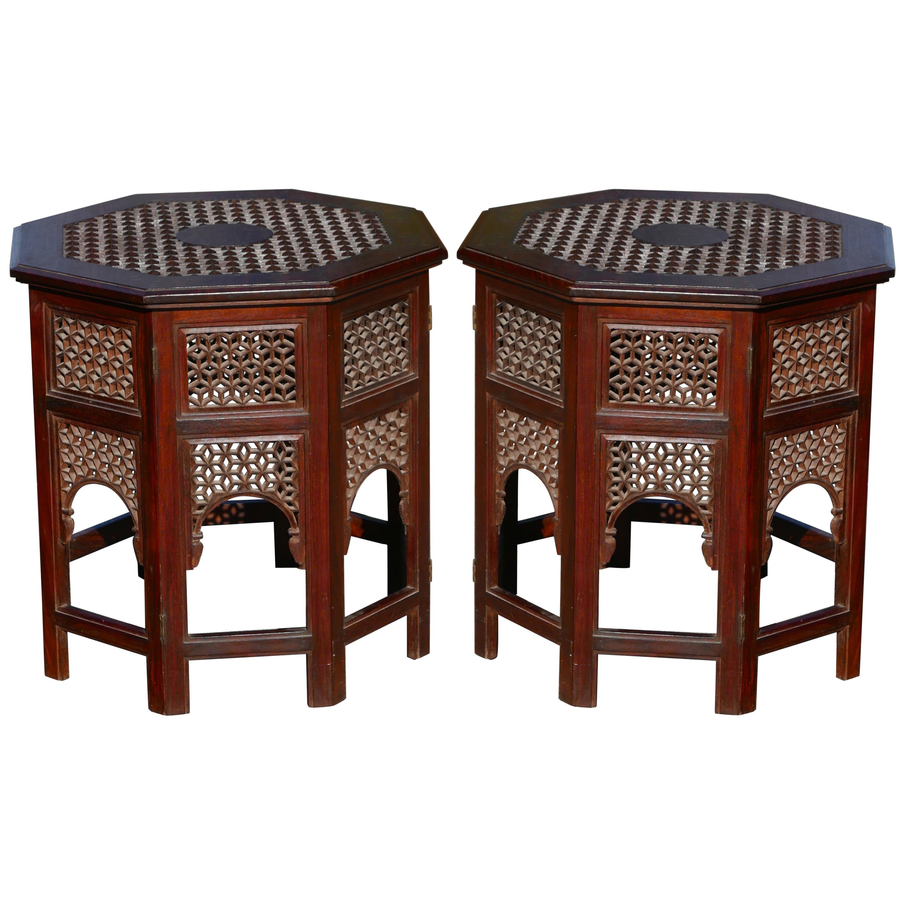 Pair of Moroccan Sheesham Wood and Brass Fretwork Tables at 1stDibs