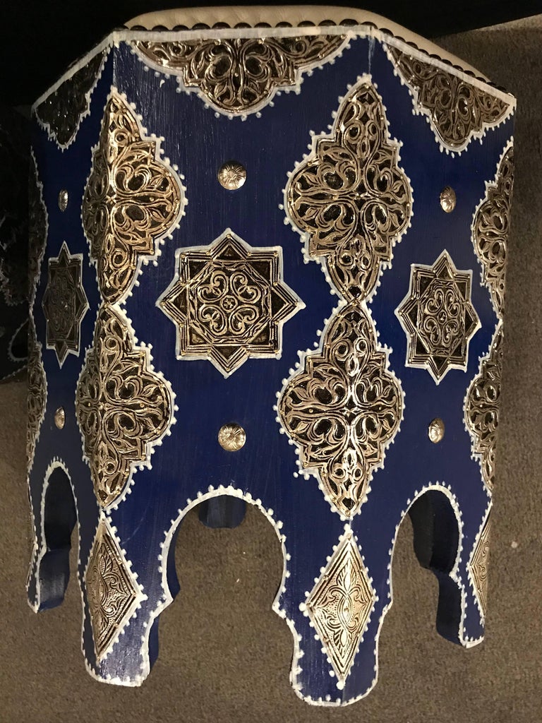 Pair of Moroccan Silver Metal Inlaid Stools with White Leather at 1stDibs