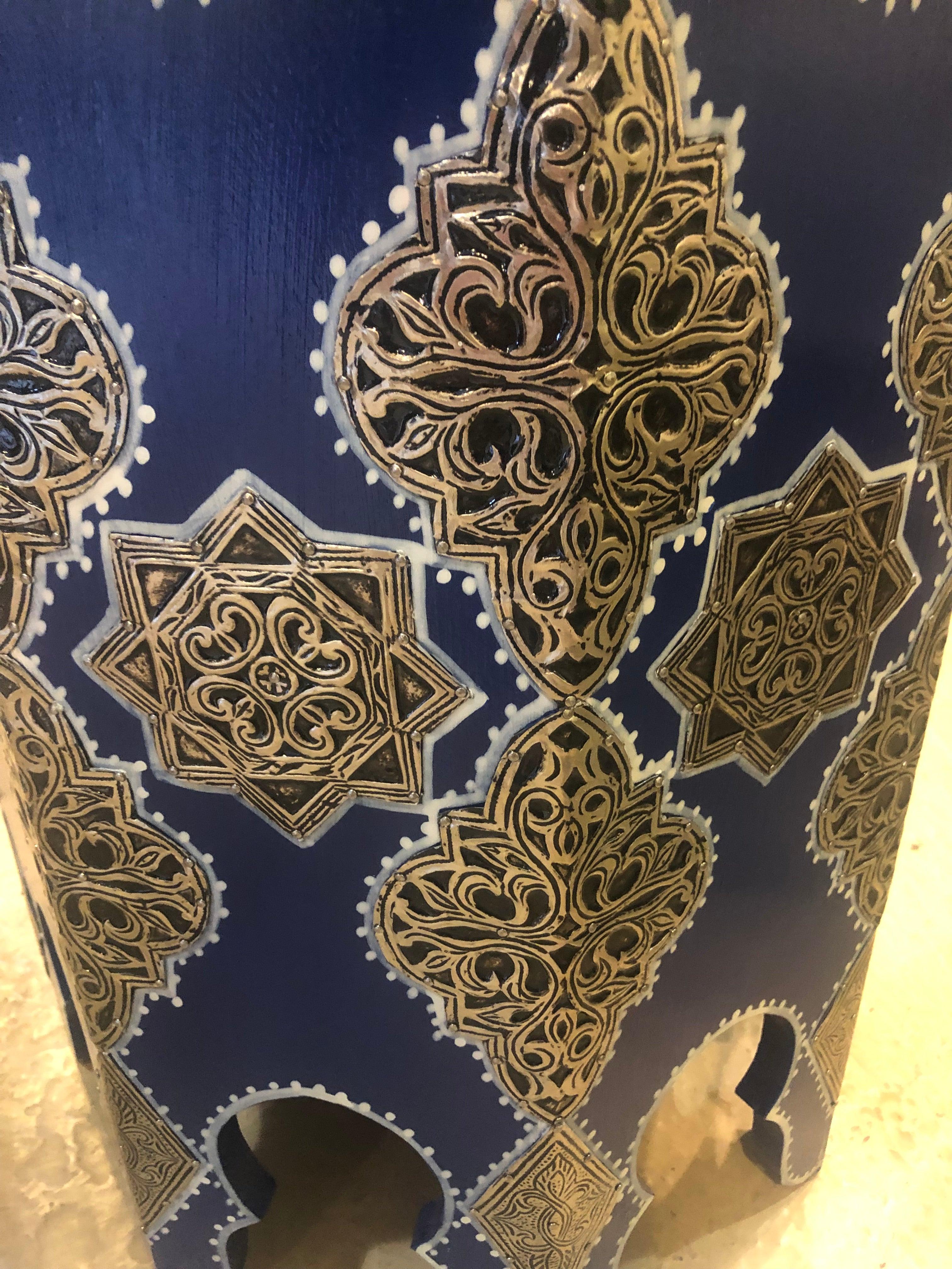 Moroccan Boho Chic White Brass Inlaid Side or End Table in Blue, a Pair ...