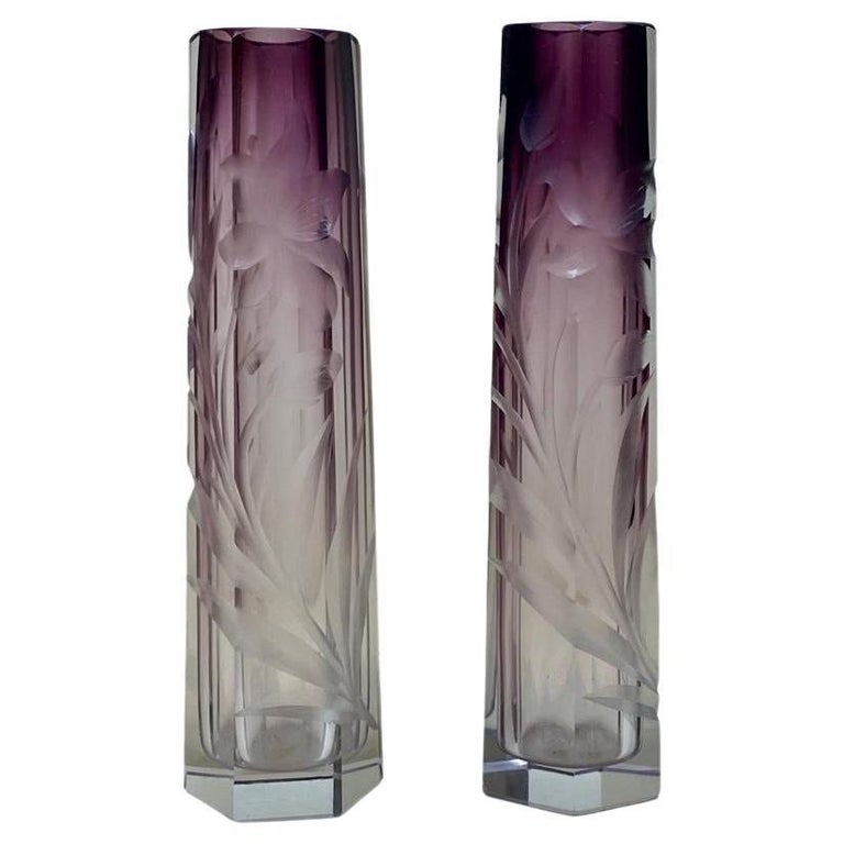 Pair of Moser Amethyst Cut to Clear Intaglio Glass Vases, Circa 1900 ...