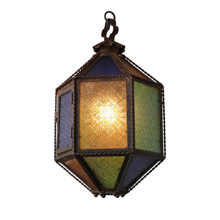Pair of Multi-Color Glass and Tole Lanterns at 1stDibs
