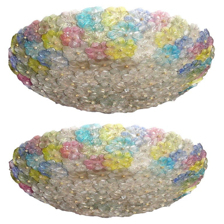 Pair of Multi-Color Venetian Flower Glass Ceiling Light For Sale at 1stDibs