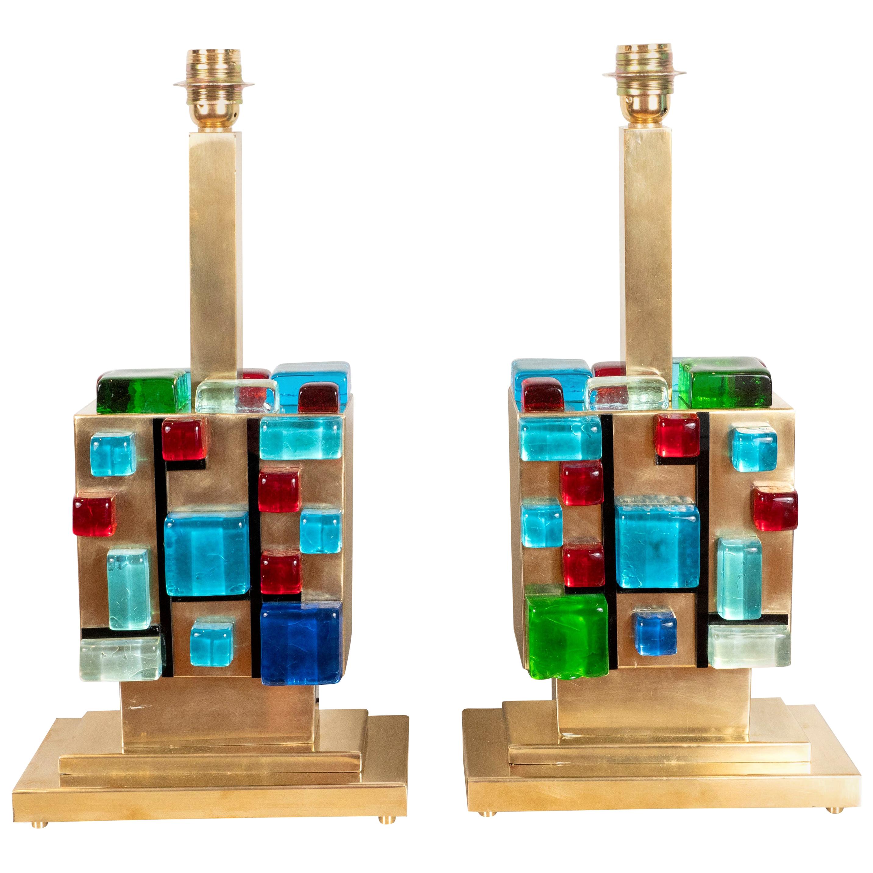 Pair of Multi-Colored Murano Glass and Brass Geometric Square Lamps ...