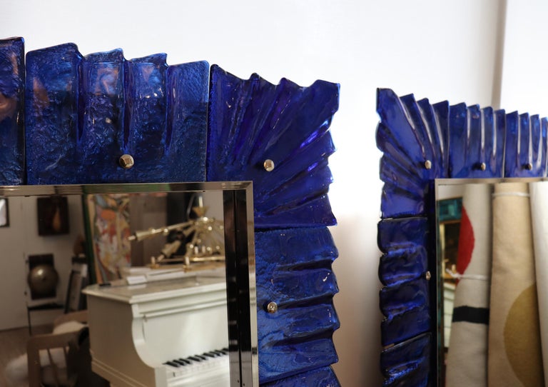 Pair of Murano Cobalt Blue Glass Mirrors with Nickel Plated Trims, in ...