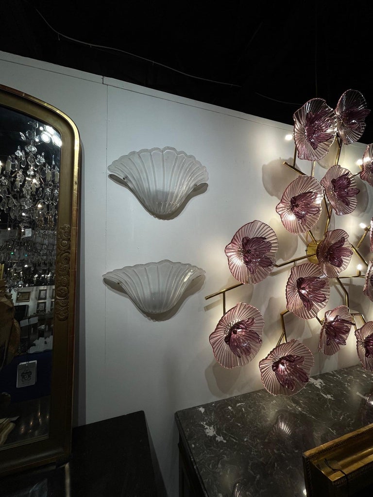 Pair of Murano Frosted Glass Shell Form Sconces For Sale at 1stDibs