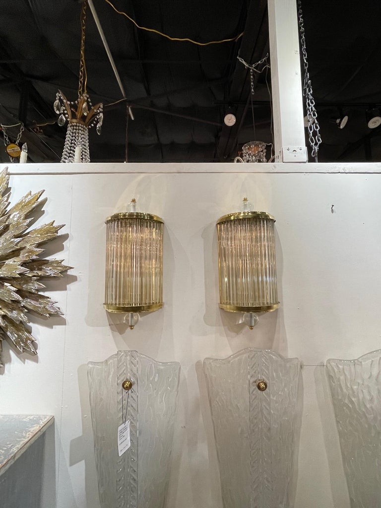 Pair of Murano Glass and Brass Barber Style Sconces For Sale at 1stDibs