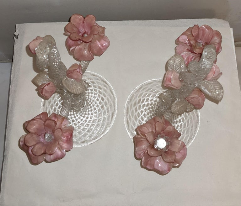 Pair of Murano Glass Silver Flecked Rose Candelabra For Sale at 1stDibs