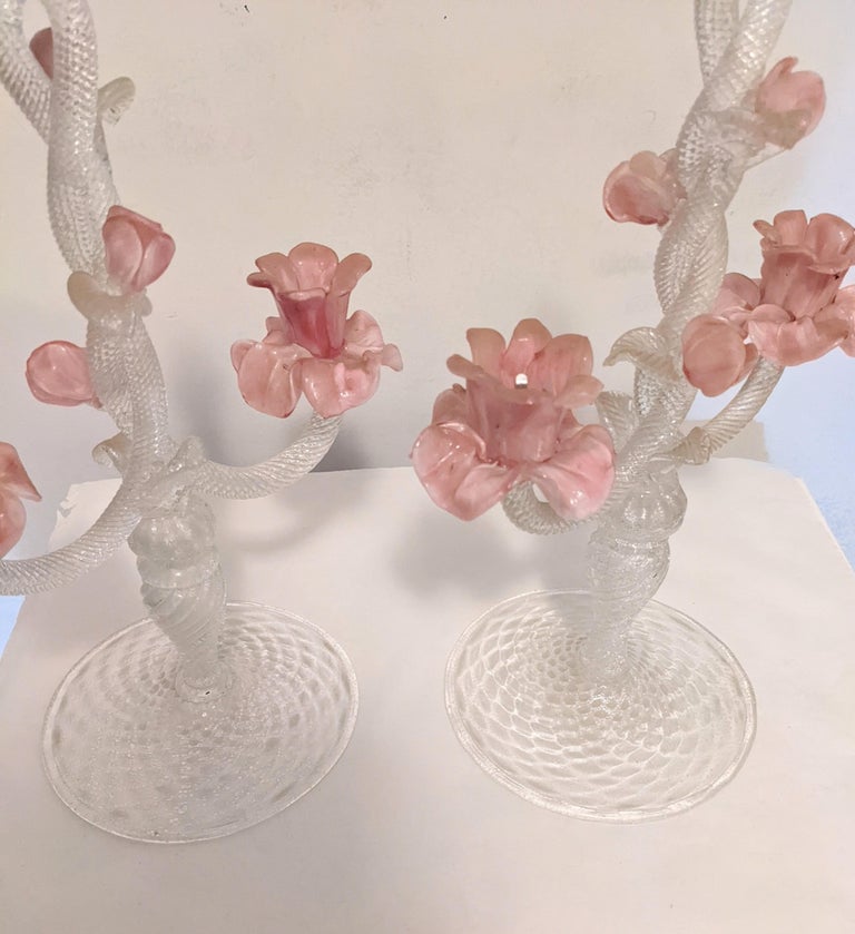 Pair of Murano Glass Silver Flecked Rose Candelabra For Sale at 1stDibs