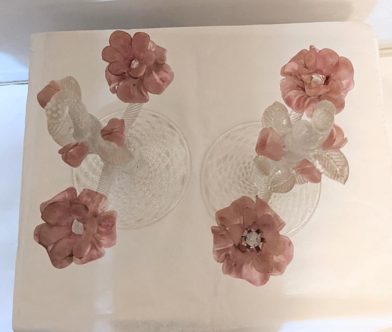 Pair of Murano Glass Silver Flecked Rose Candelabra For Sale at 1stDibs