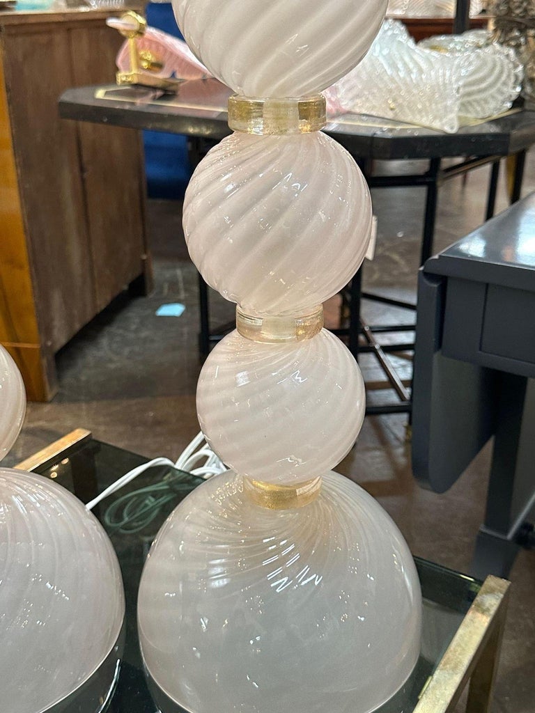 Pair of Murano Pink Opalescent Glass Ball Lamps For Sale at 1stDibs