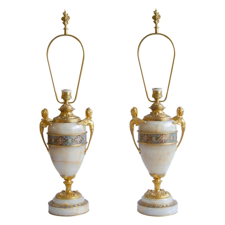 Pair of Napoleon III Lamps marble and enamel For Sale at 1stDibs