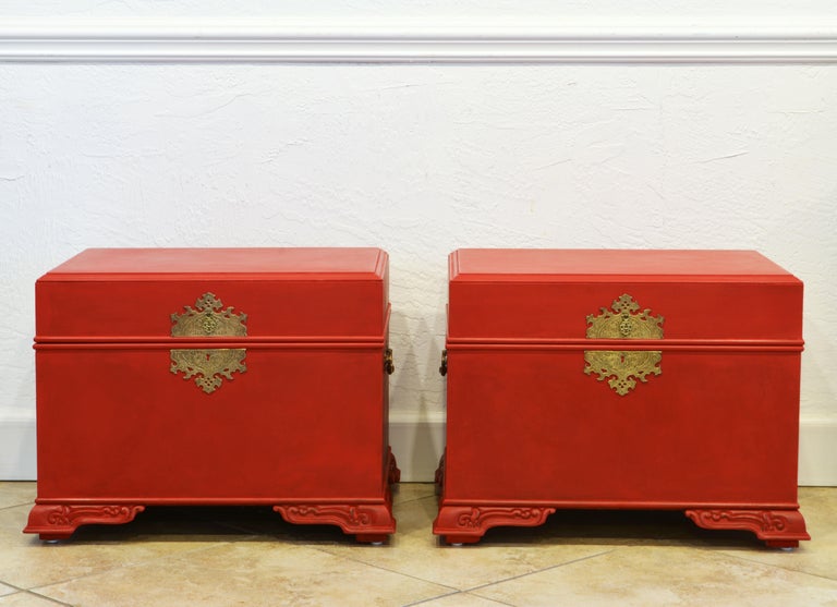 Pair of Narra/ Baul Style Mid 20th Cent. Lacquered Footed Chest or Side ...