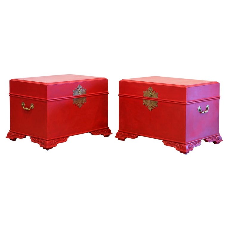 Pair of Narra/ Baul Style Mid 20th Cent. Lacquered Footed Chest or Side ...
