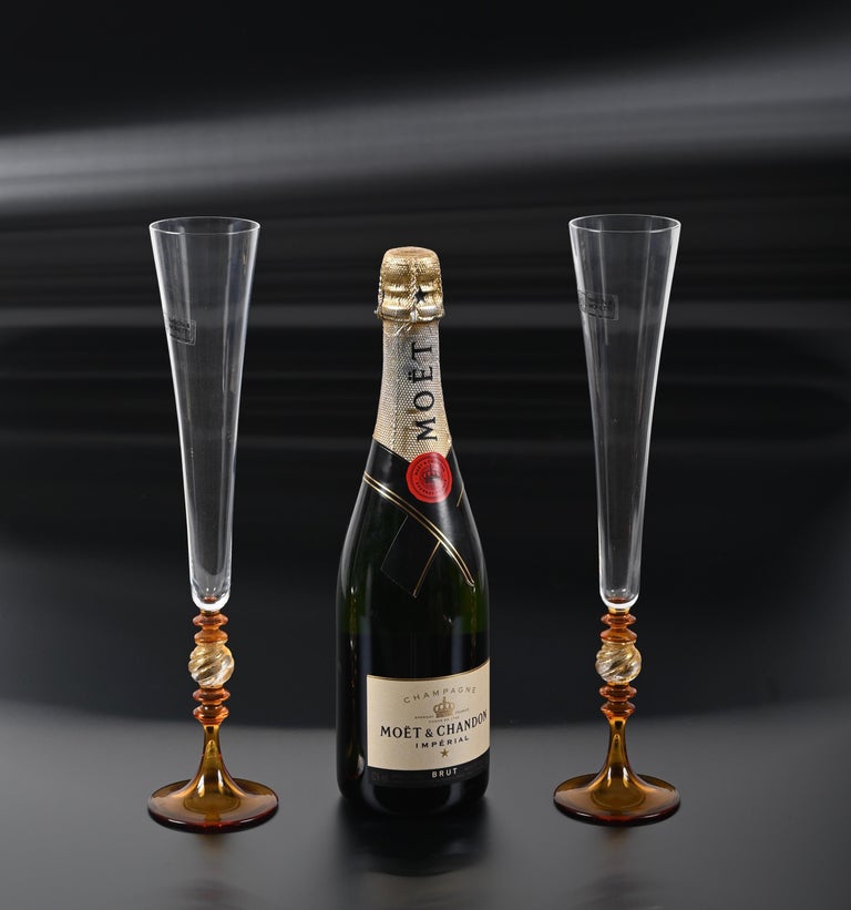 Pair of Nason and Moretti Murano Glass, Amber and Gold Italian Goblets ...