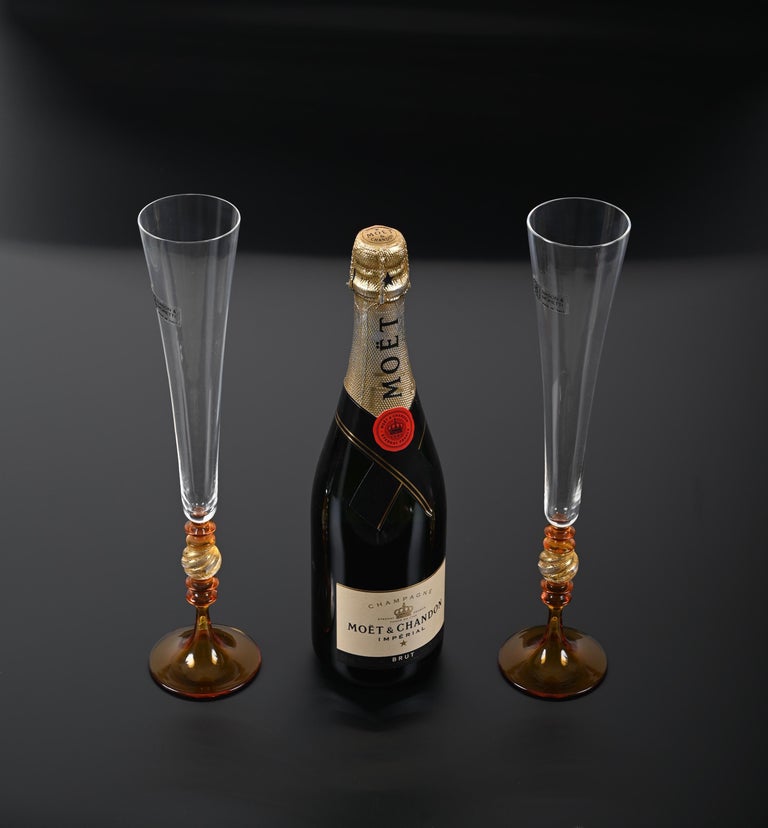 Pair of Nason and Moretti Murano Glass, Amber and Gold Italian Goblets ...