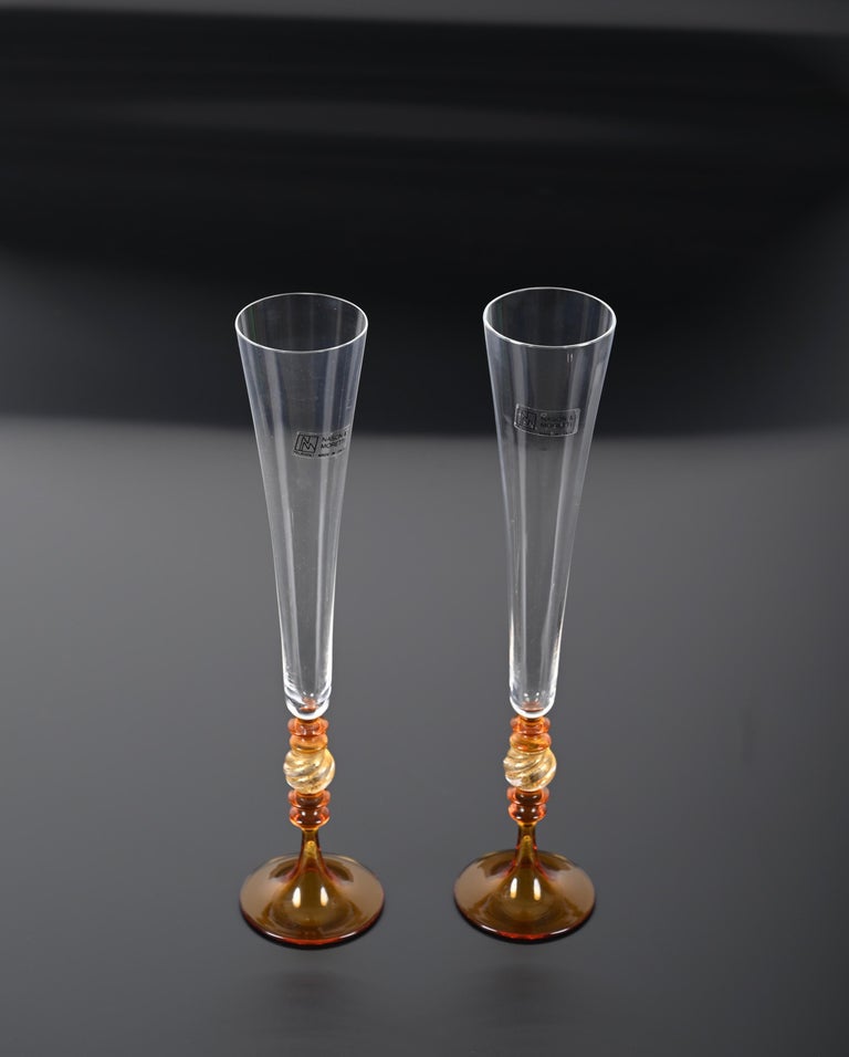 Pair of Nason and Moretti Murano Glass, Amber and Gold Italian Goblets ...