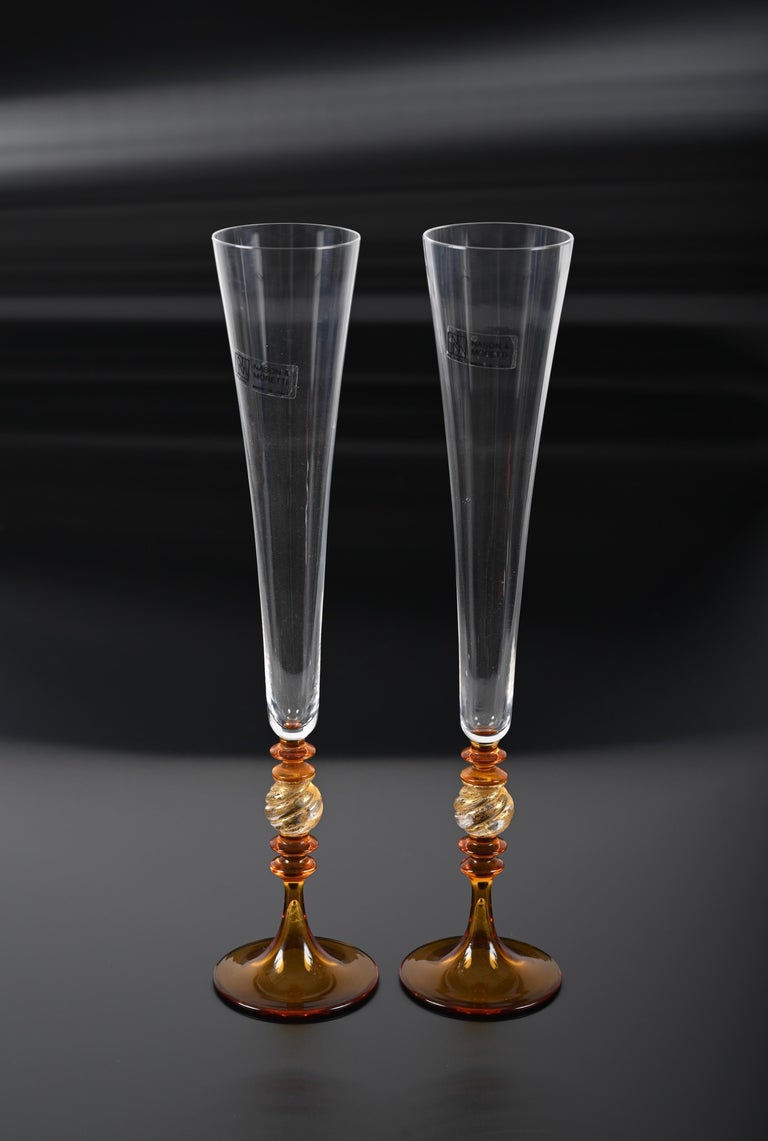 Pair of Nason and Moretti Murano Glass, Amber and Gold Italian Goblets ...