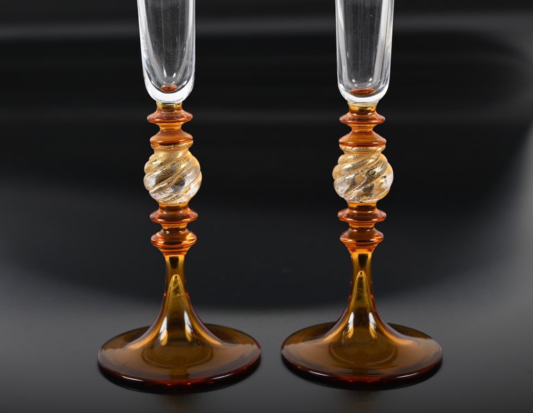 Pair of Nason and Moretti Murano Glass, Amber and Gold Italian Goblets ...