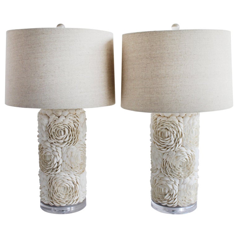 Pair of Natural Sea Shell Lamps with Linen Shades at 1stDibs