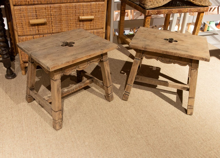 Pair of Natural Wooden Side Stools with Flower Decoration For Sale at ...