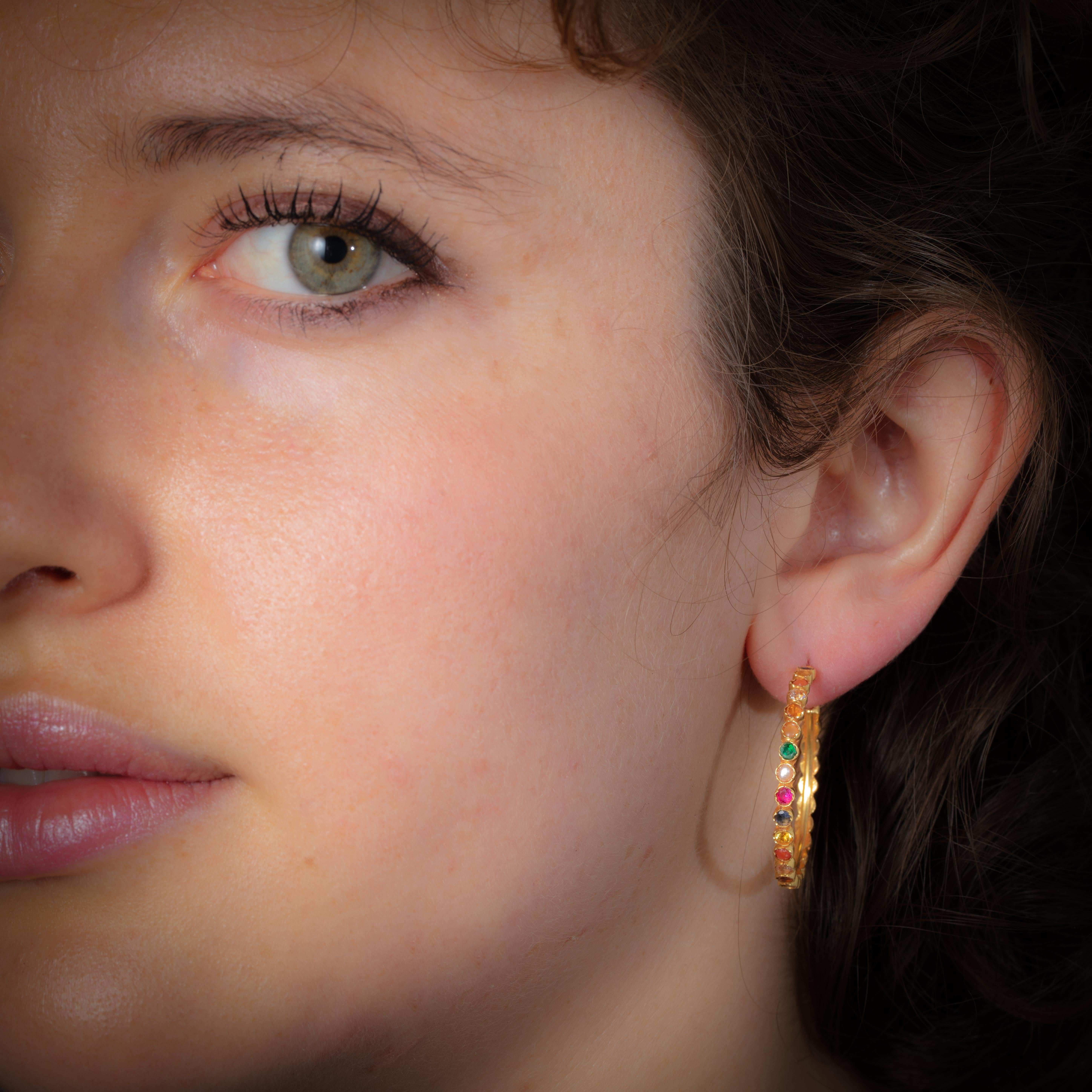 Navaratna 22 Karat Gold Hoops with Precious and Semi-Precious Stones at ...