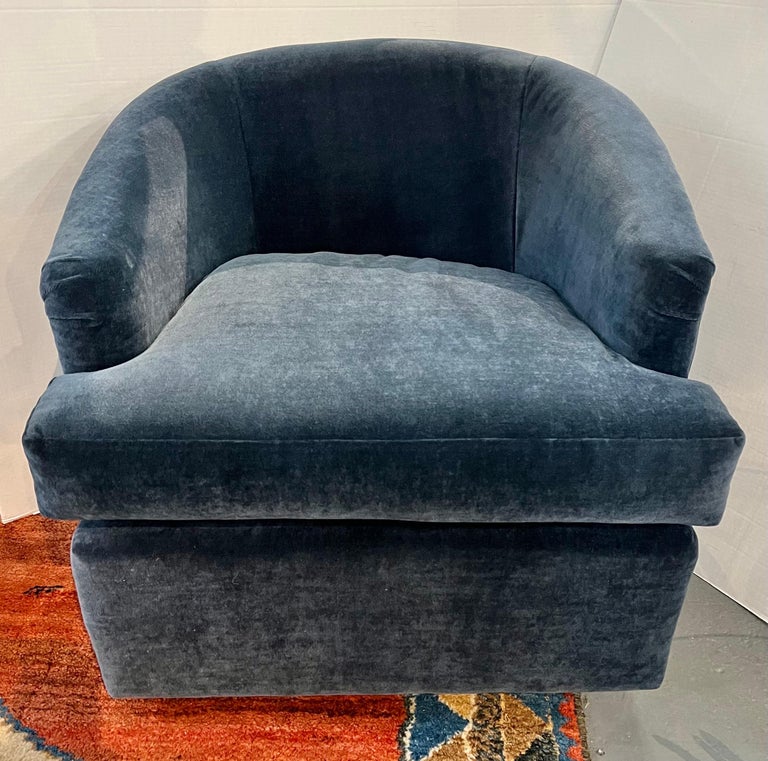 Pair of Navy Velvet Swivel Barrel Back Club Chairs Newly Upholstered at ...