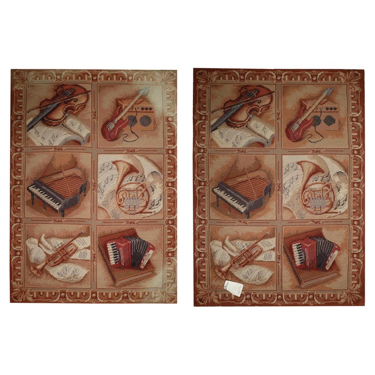 Pair of Needlepoint Tapestries Carpet, Handwoven Musical Themed Rug For ...