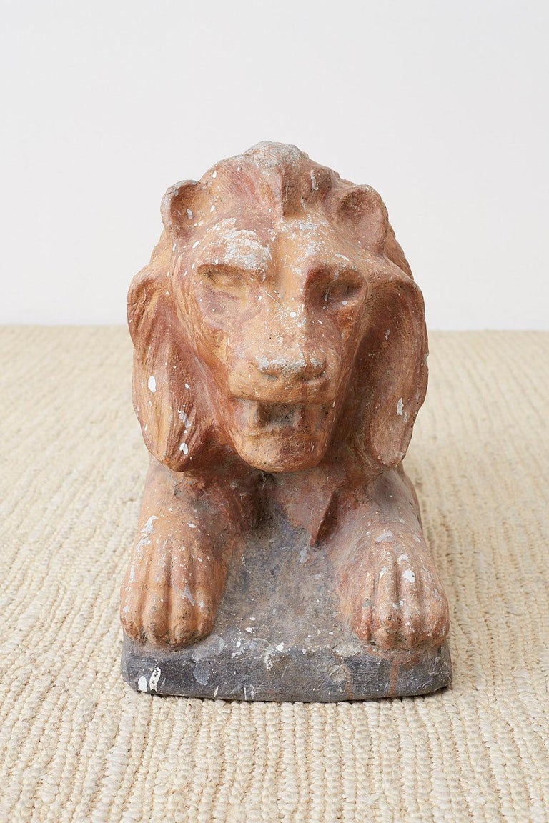 Pair of Neoclassical Cast Stone Recumbent Lion Sculptures at 1stDibs