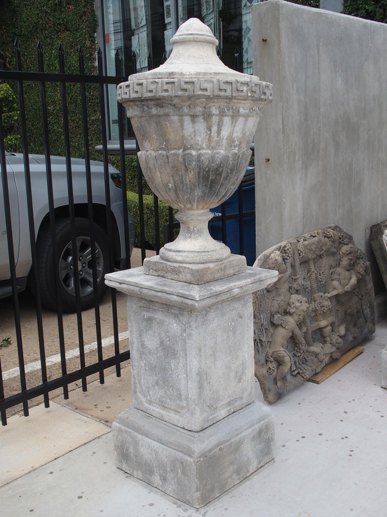 Pair of Neoclassical Composition Limestone Urns on Pedestals, Southern ...