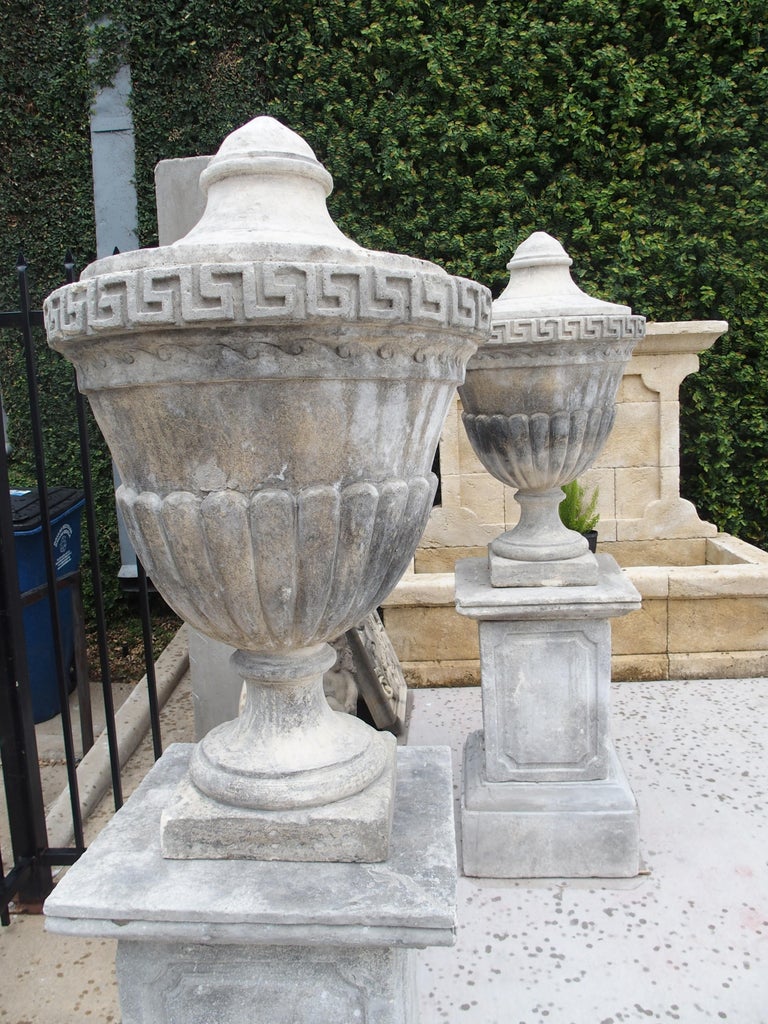 Pair of Neoclassical Composition Limestone Urns on Pedestals, Southern ...