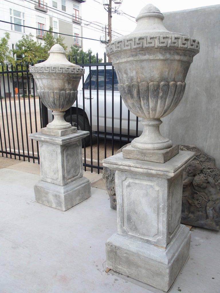 Pair of Neoclassical Composition Limestone Urns on Pedestals, Southern ...