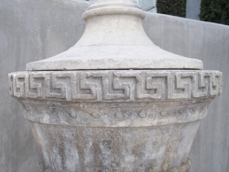 Pair of Neoclassical Composition Limestone Urns on Pedestals, Southern ...