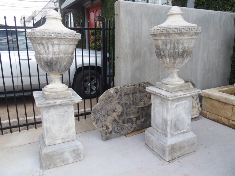 Pair of Neoclassical Composition Limestone Urns on Pedestals, Southern ...