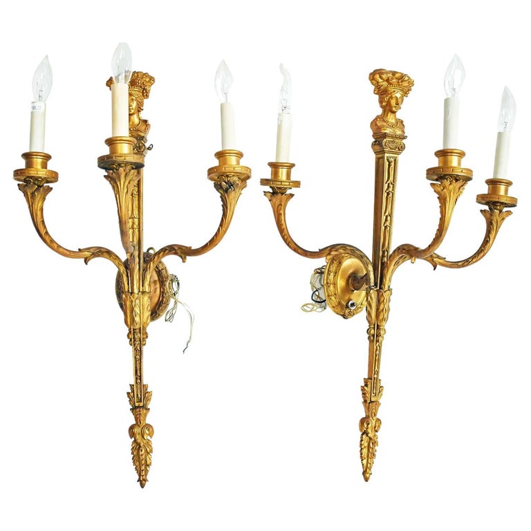 Pair of Neoclassical Gilt Bronze Three-Light Sconces For Sale at 1stDibs