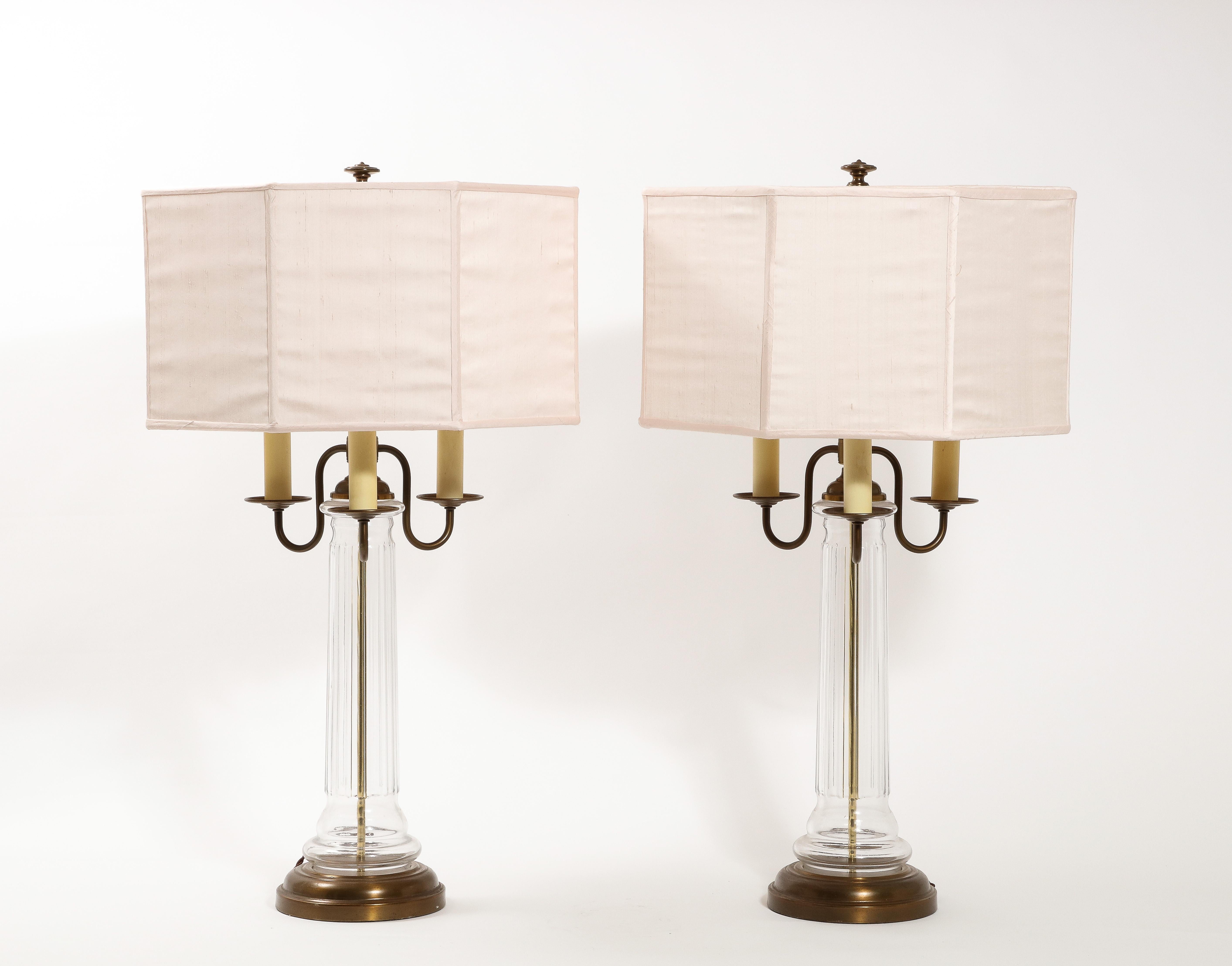 Pair of Neoclassical Glass Lamps with Pink Silk Shades, Italy 1960's ...