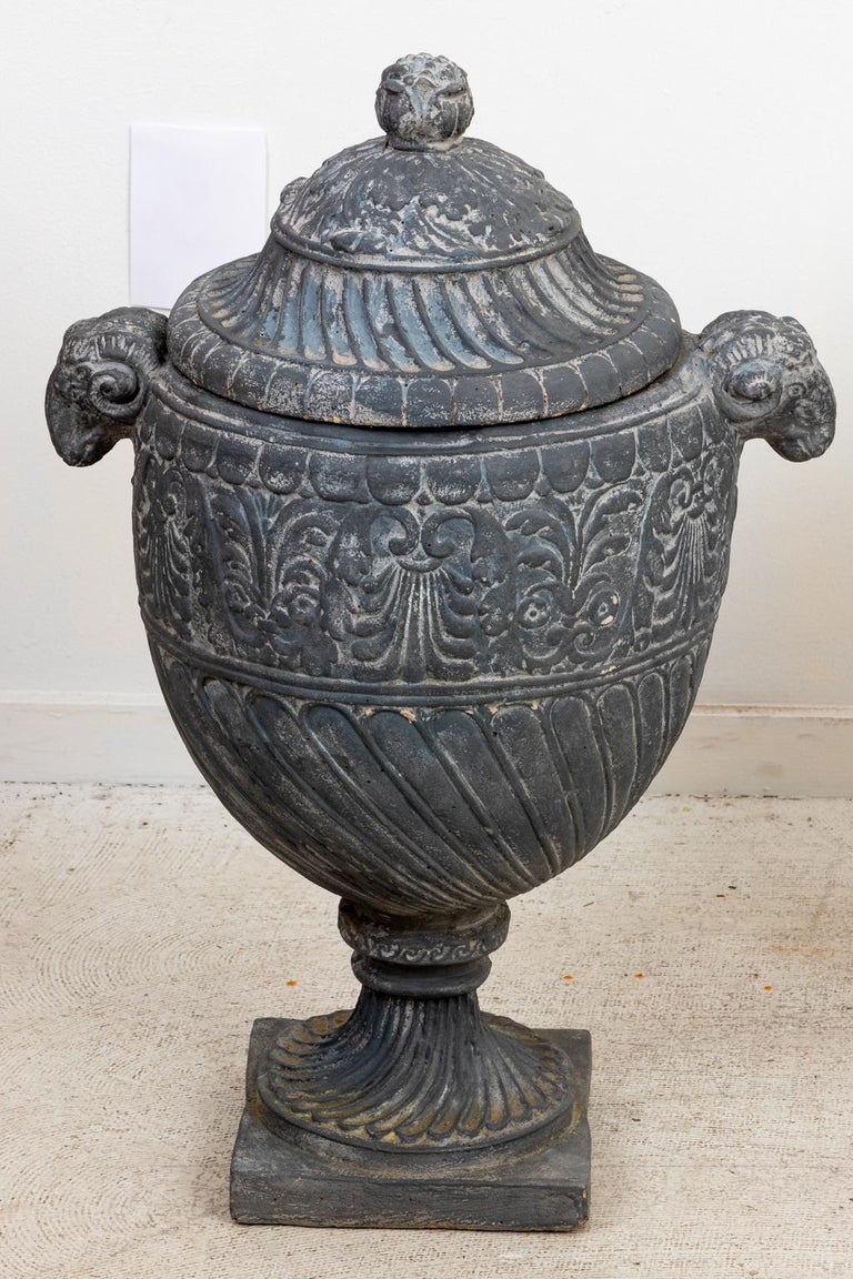 Pair of Neoclassical Style Cast Stone Urns with Lids at 1stDibs
