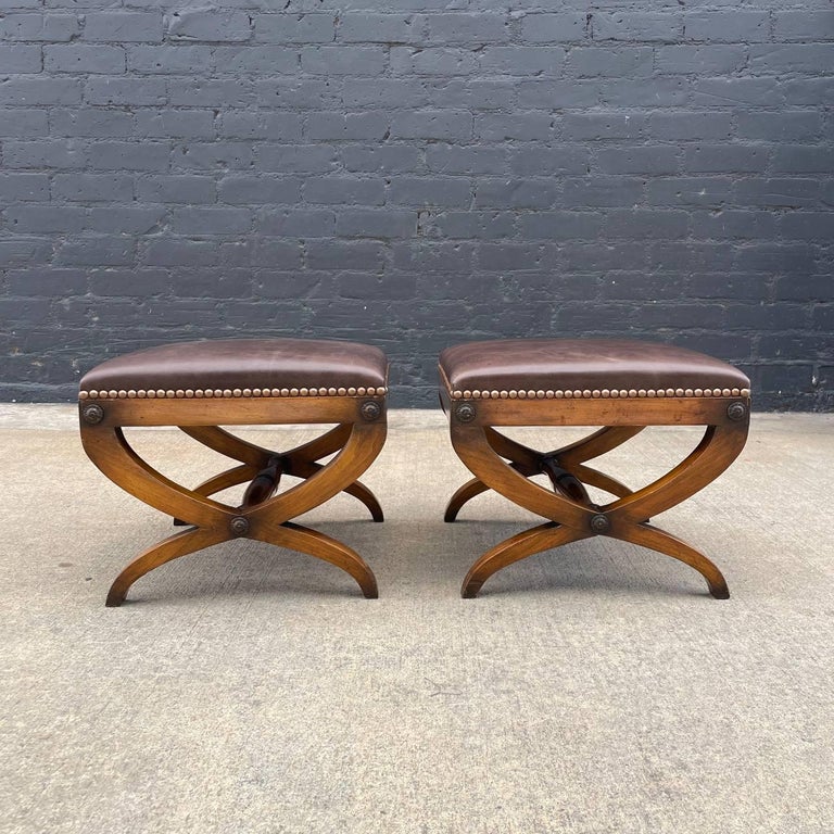 Pair of Neoclassical Style Curule Leather Benches For Sale at 1stDibs