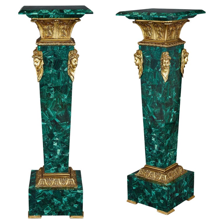 Pair of Neoclassical Style Gilt Bronze and Malachite Column Pedestals ...