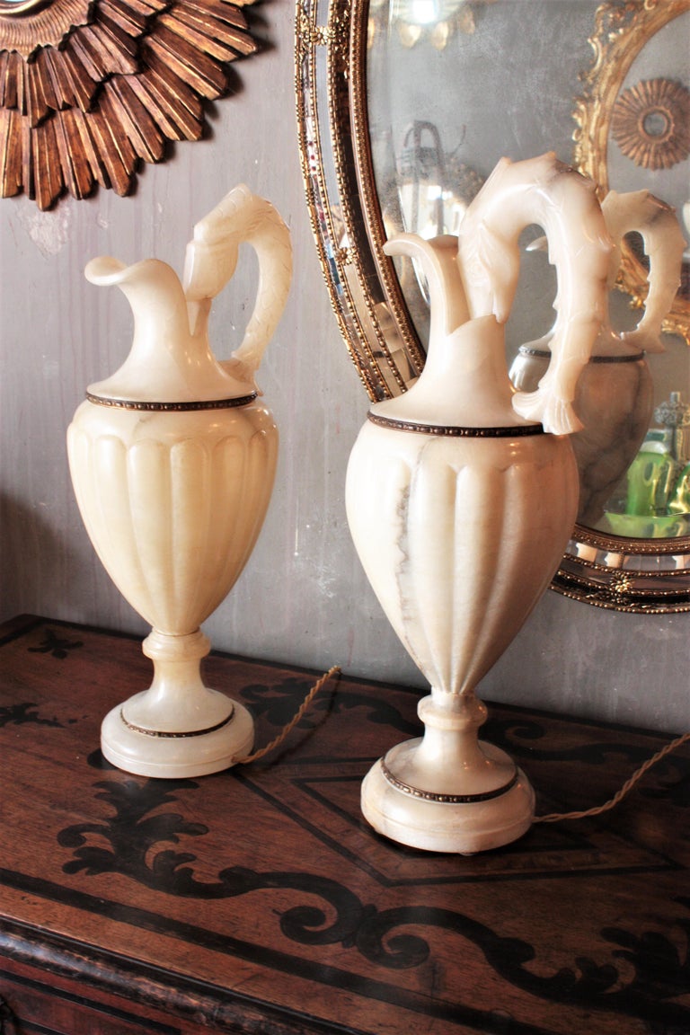 Pair of Neoclassical Urn Jar Albaster Table Lamps with Fish Handles For ...