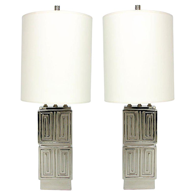 Pair of Nickel Plated Greek Key Design Table Lamps For Sale at 1stDibs